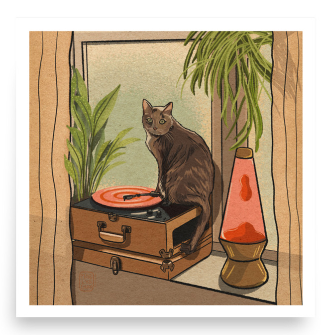 Cat, Vinyl and Lava Lamp Giclee Print - Maëlys Chay Illustration